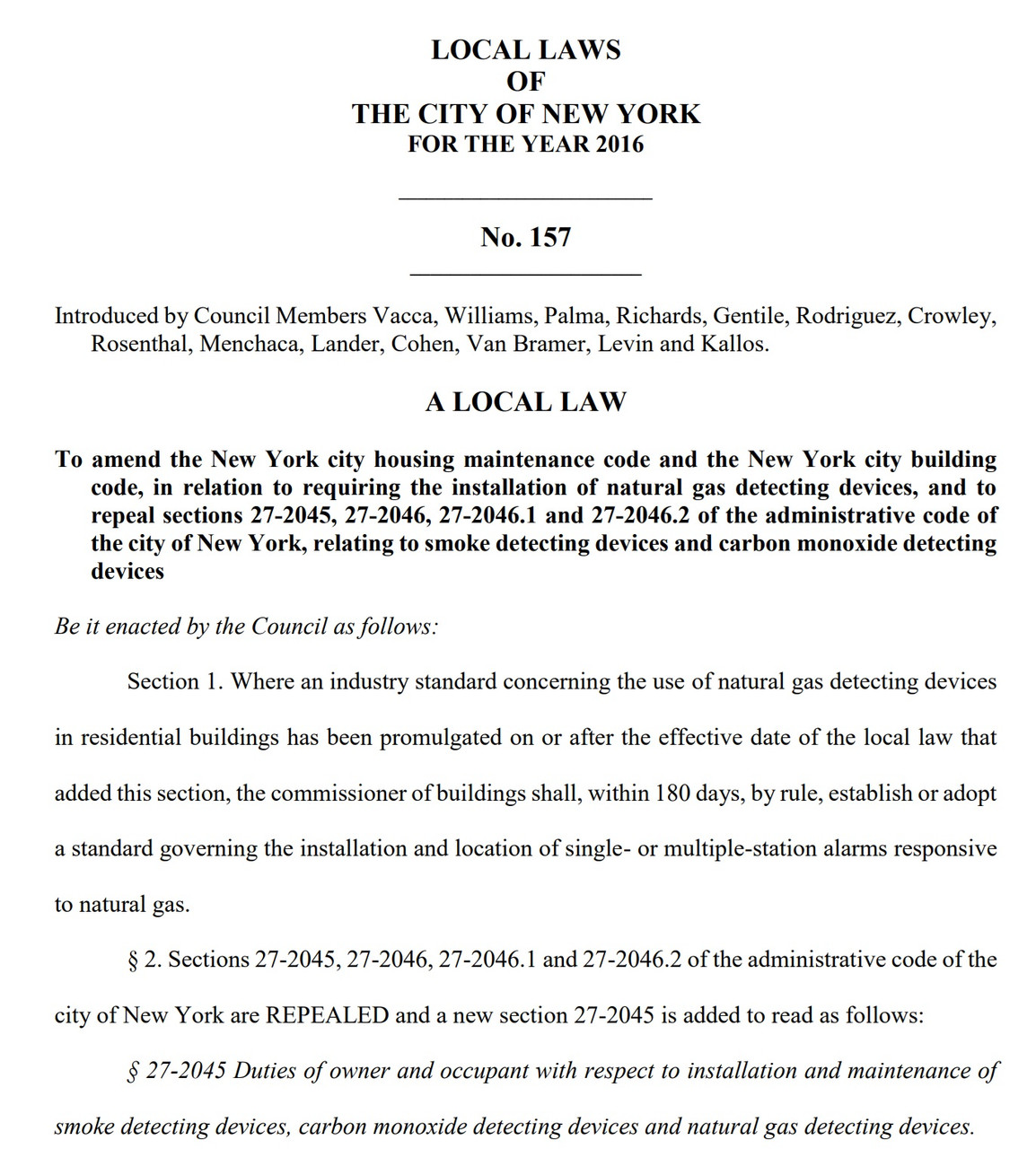 Natural Gas Detectors hpd nyc Local Law 157