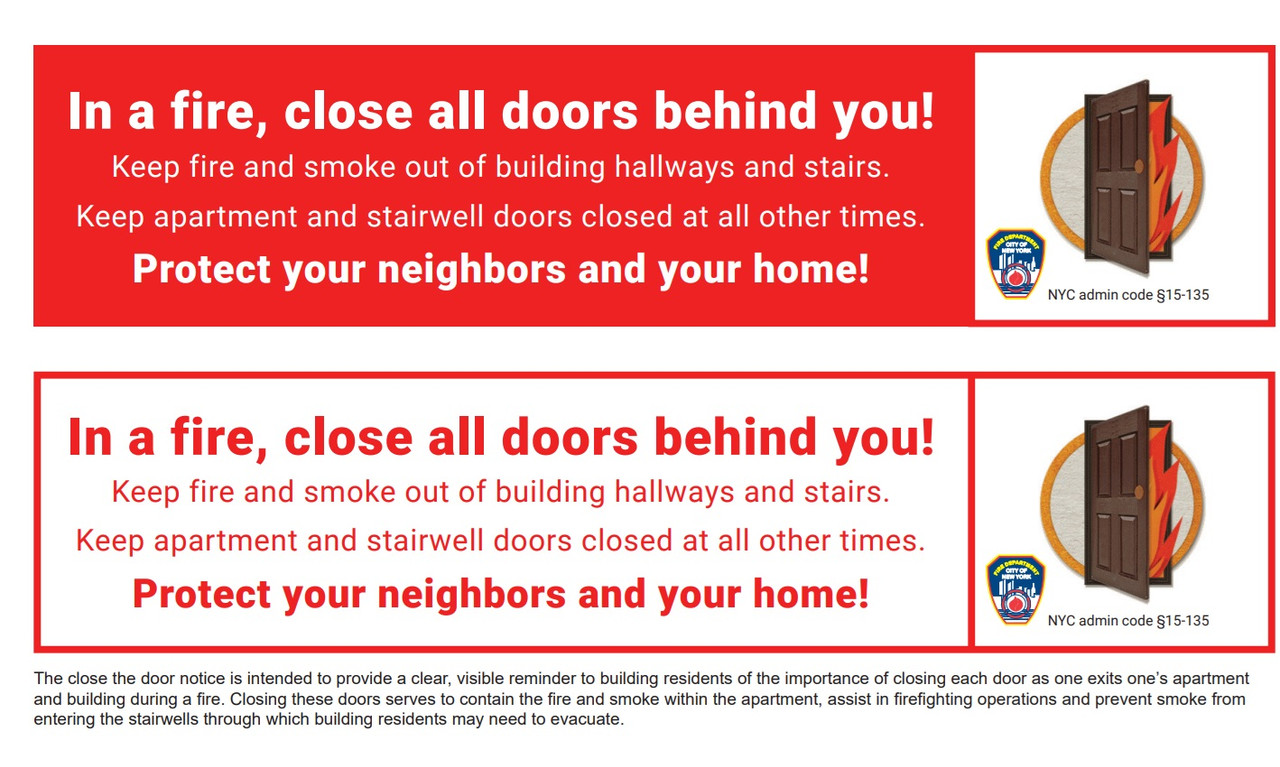 In a Fire, Close All Doors Behind You Sign - HPD REQUIRED SIGN