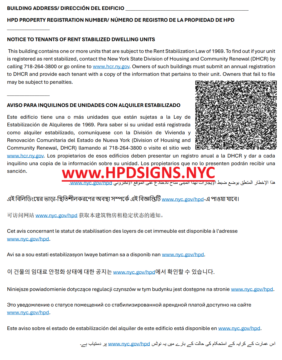 Rent Transparency Act Rent Stabilized Sign Requirements NYC HPD