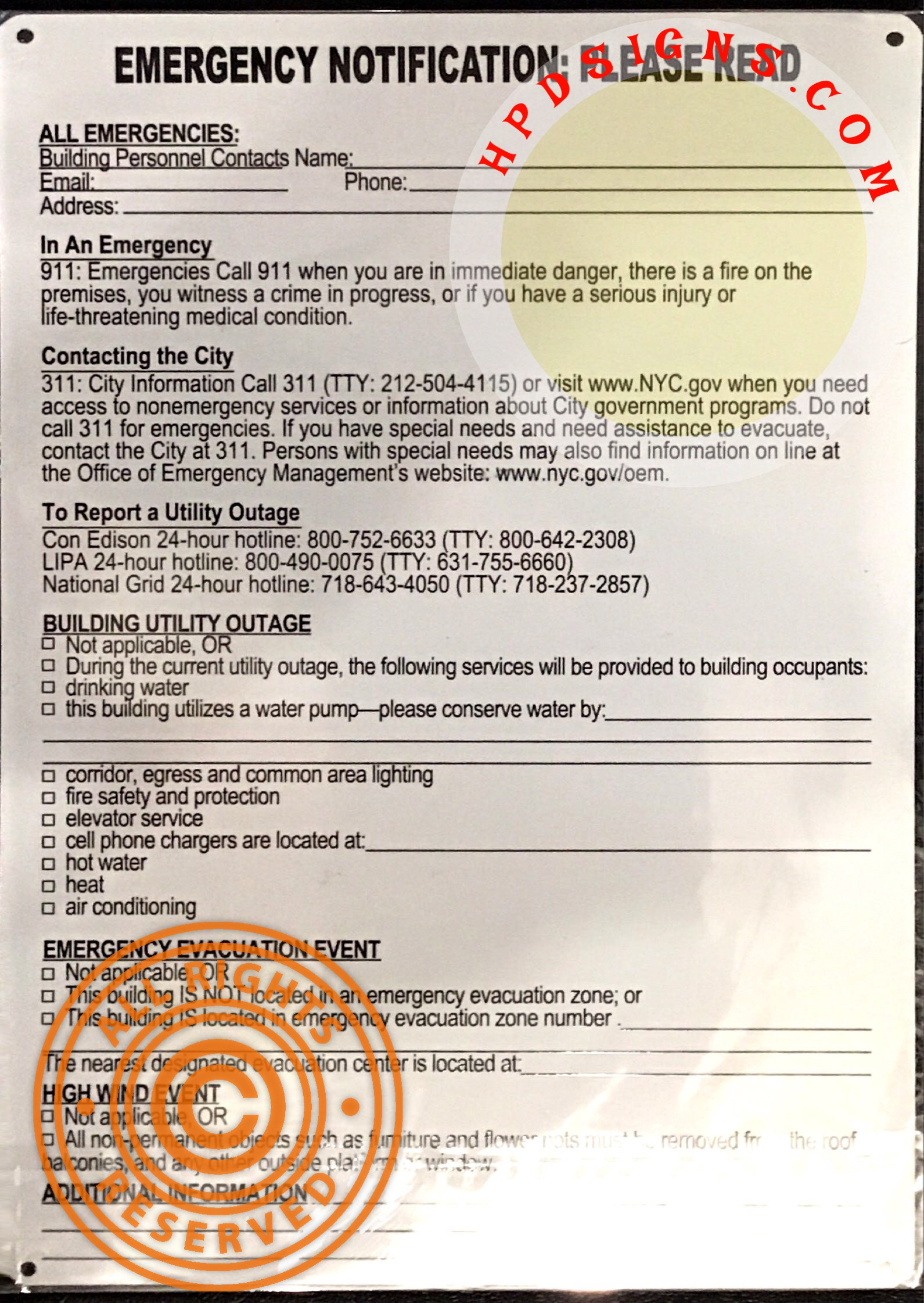 HPD Disaster Response Signage /Emergency Notification SIGN (WHITE, 27 ...