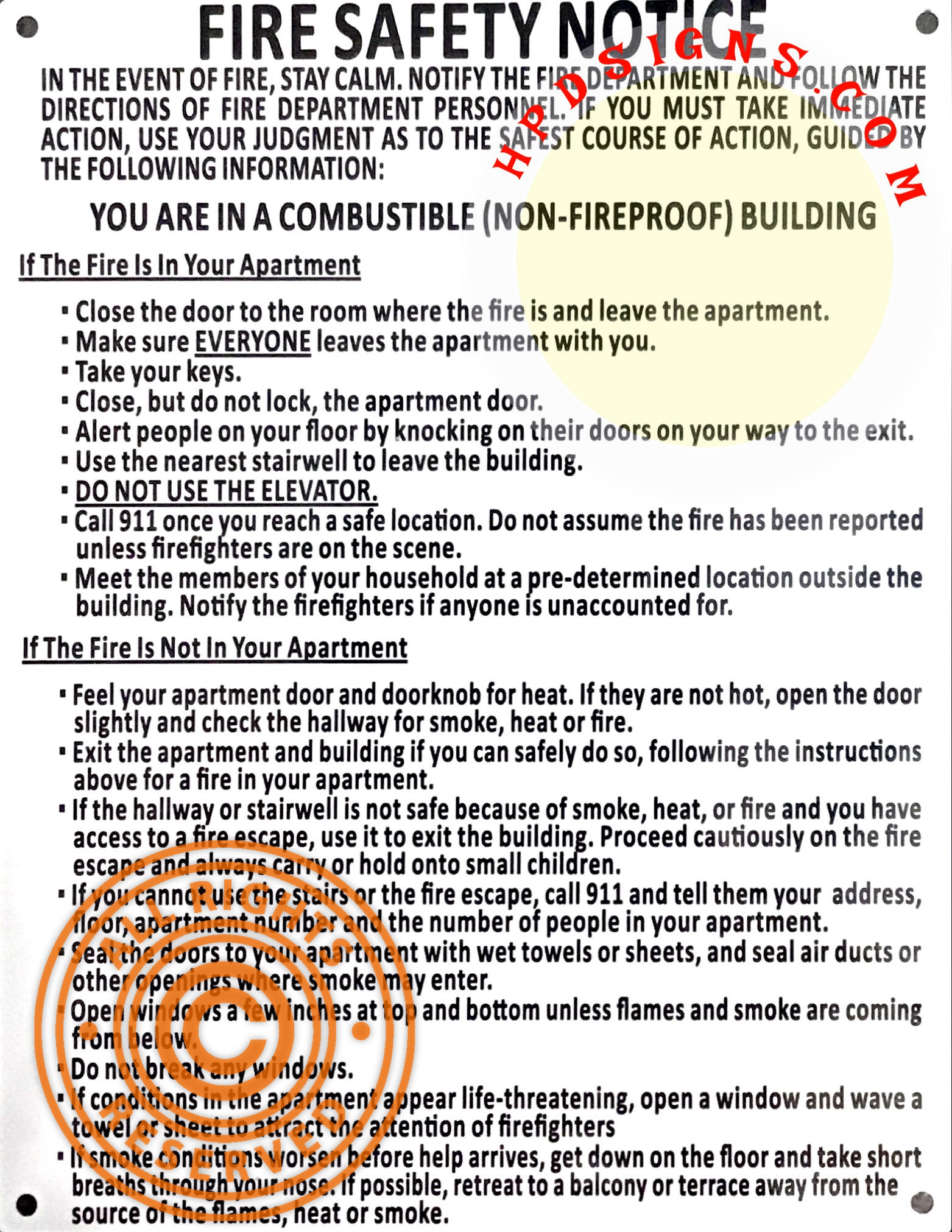 FIRE SAFETY NOTICE FIRE HPD FIRE PROOF BUILDING