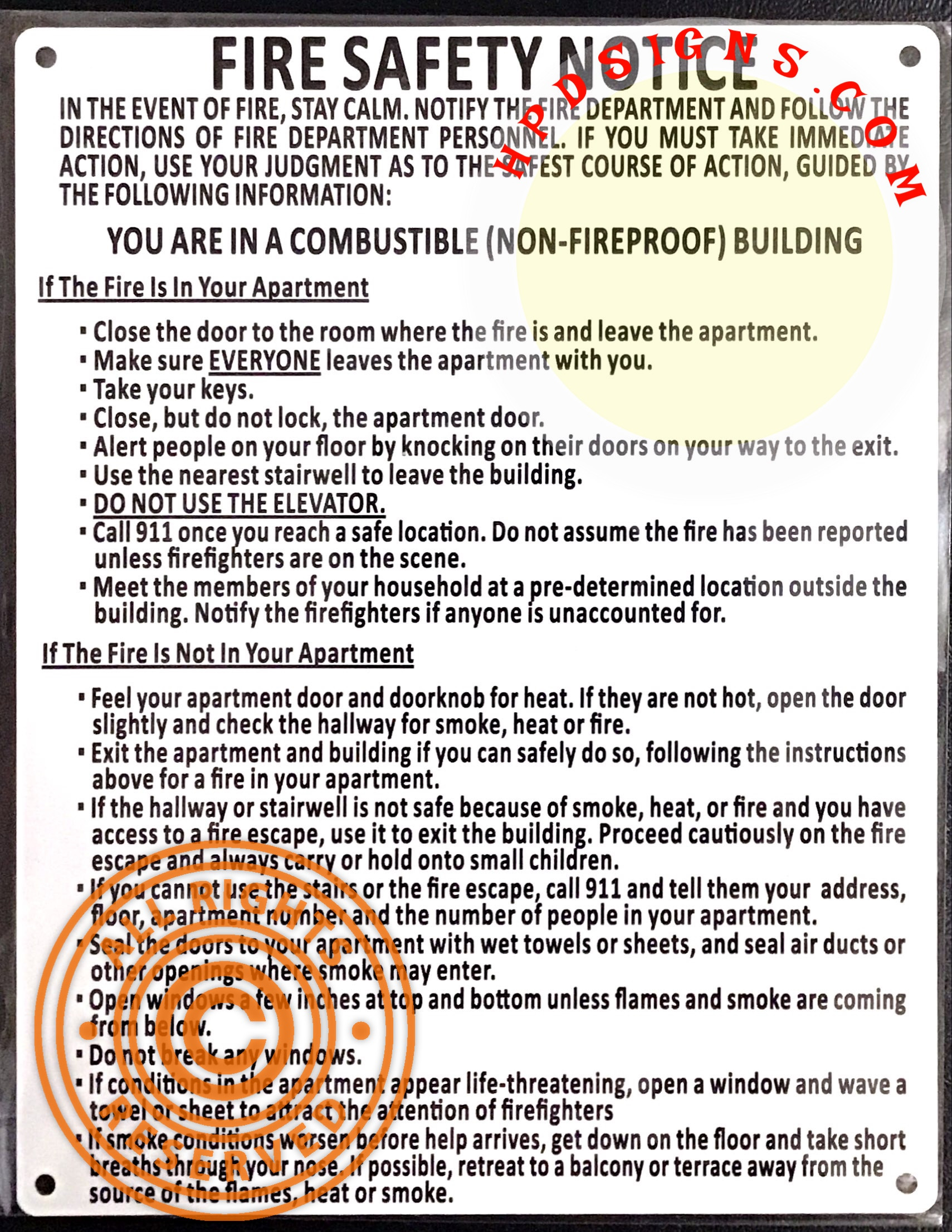 FIRE SAFETY NOTICE FIRE HPD FIRE PROOF BUILDING