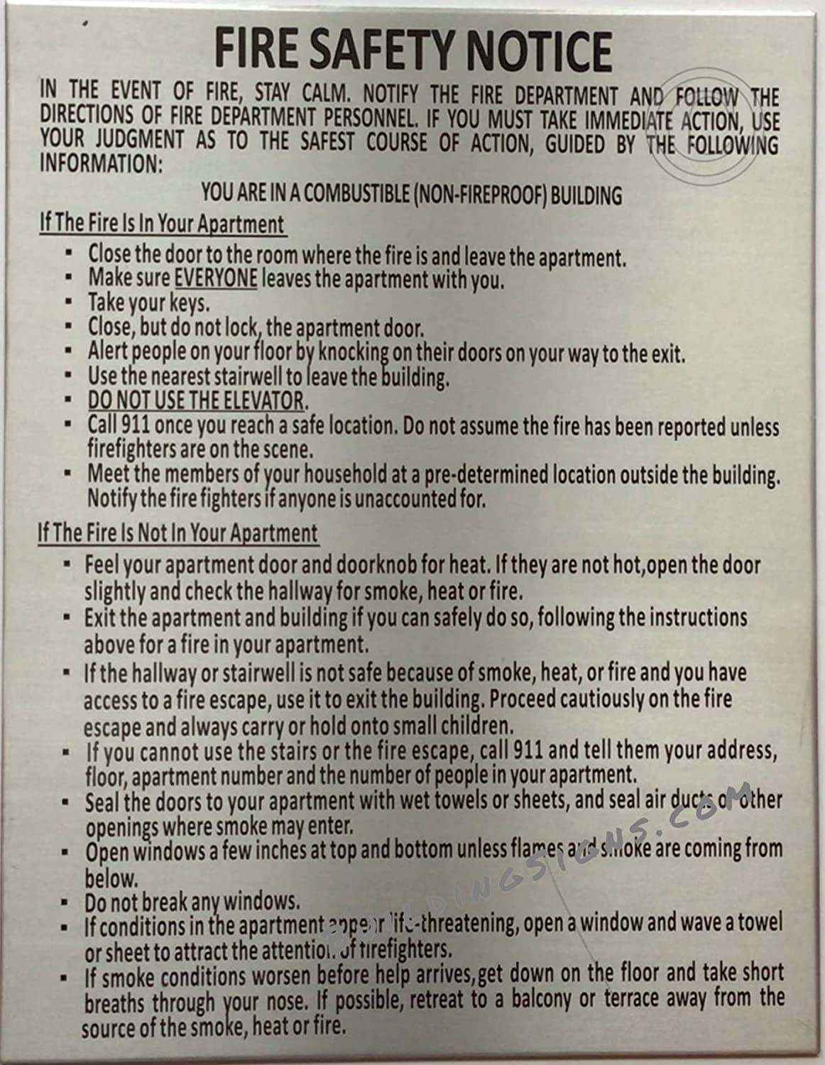 Lobby -HPD FIRE SAFETY NOTICE - NON FIREPROOF SIGN (SILVER, 8.5X11 INCH ...