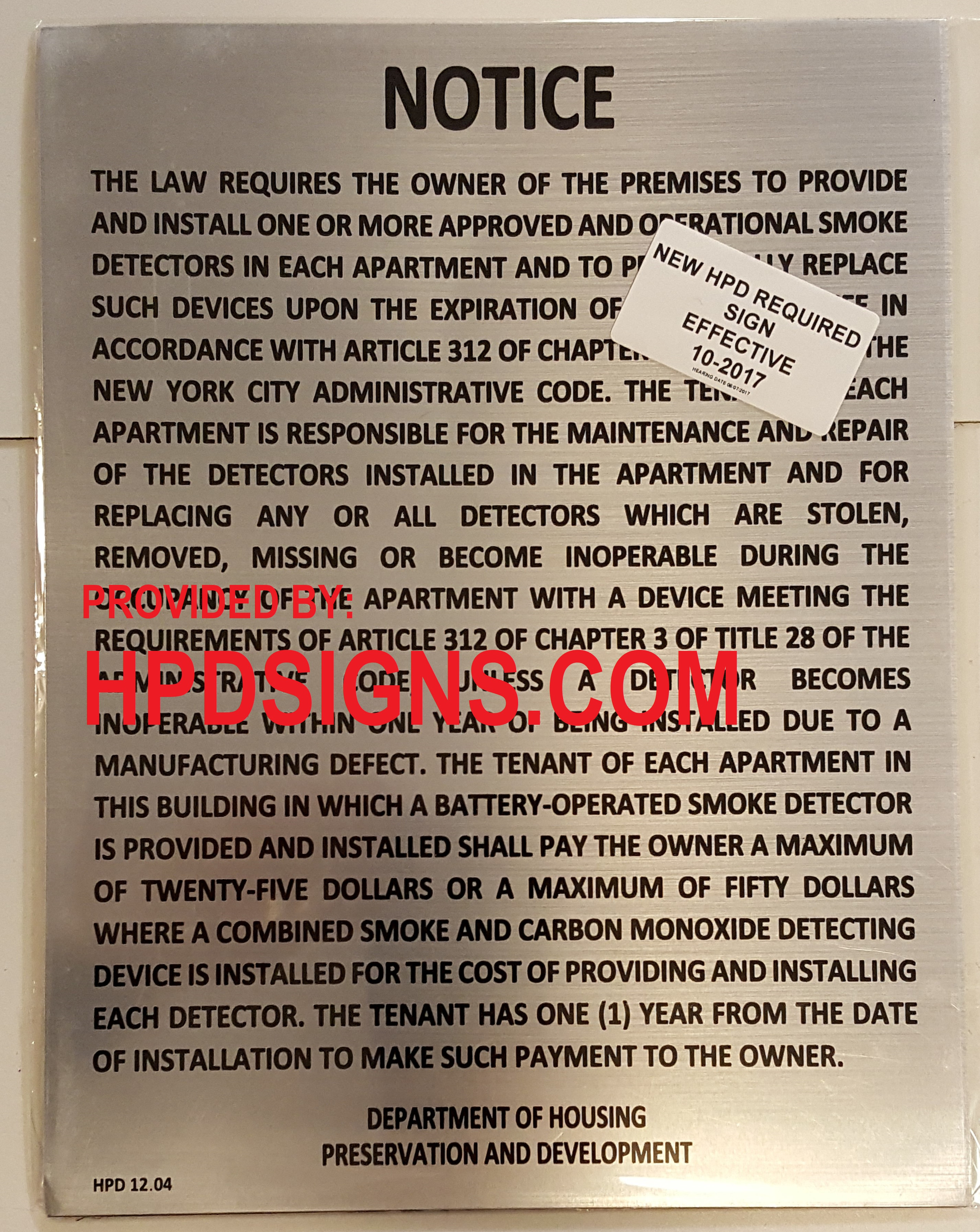 HPD NYC Smoke Detecting Devices Notice(28 RCNY § 12-01)