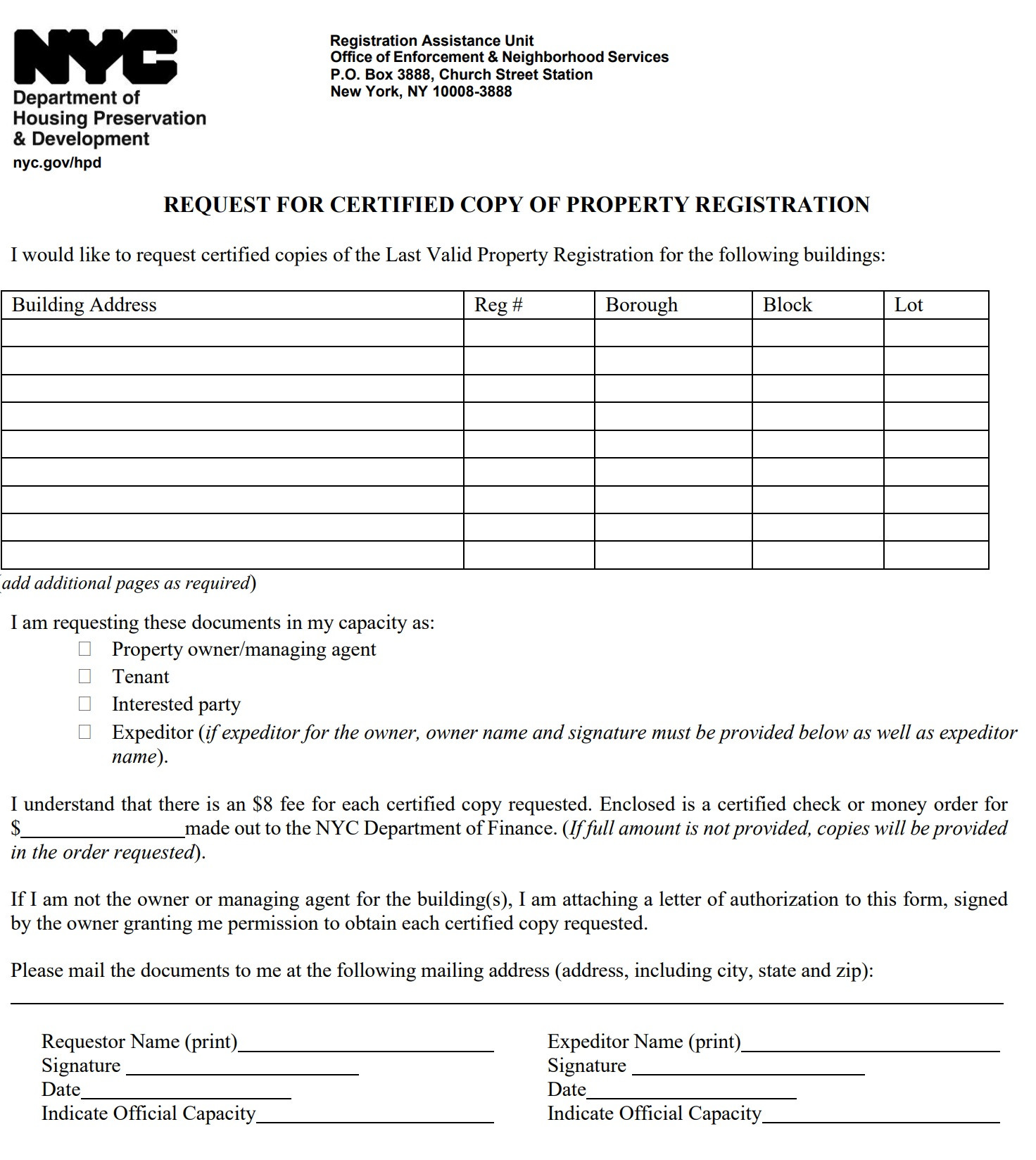 HPD PROPERTY REGITRATION BY MAIL FORM