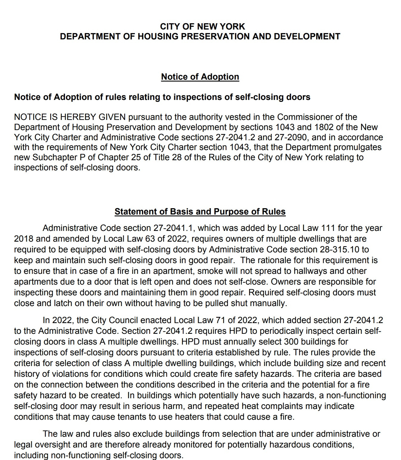 NYC HPD SELF CLOSING DOOR LAW