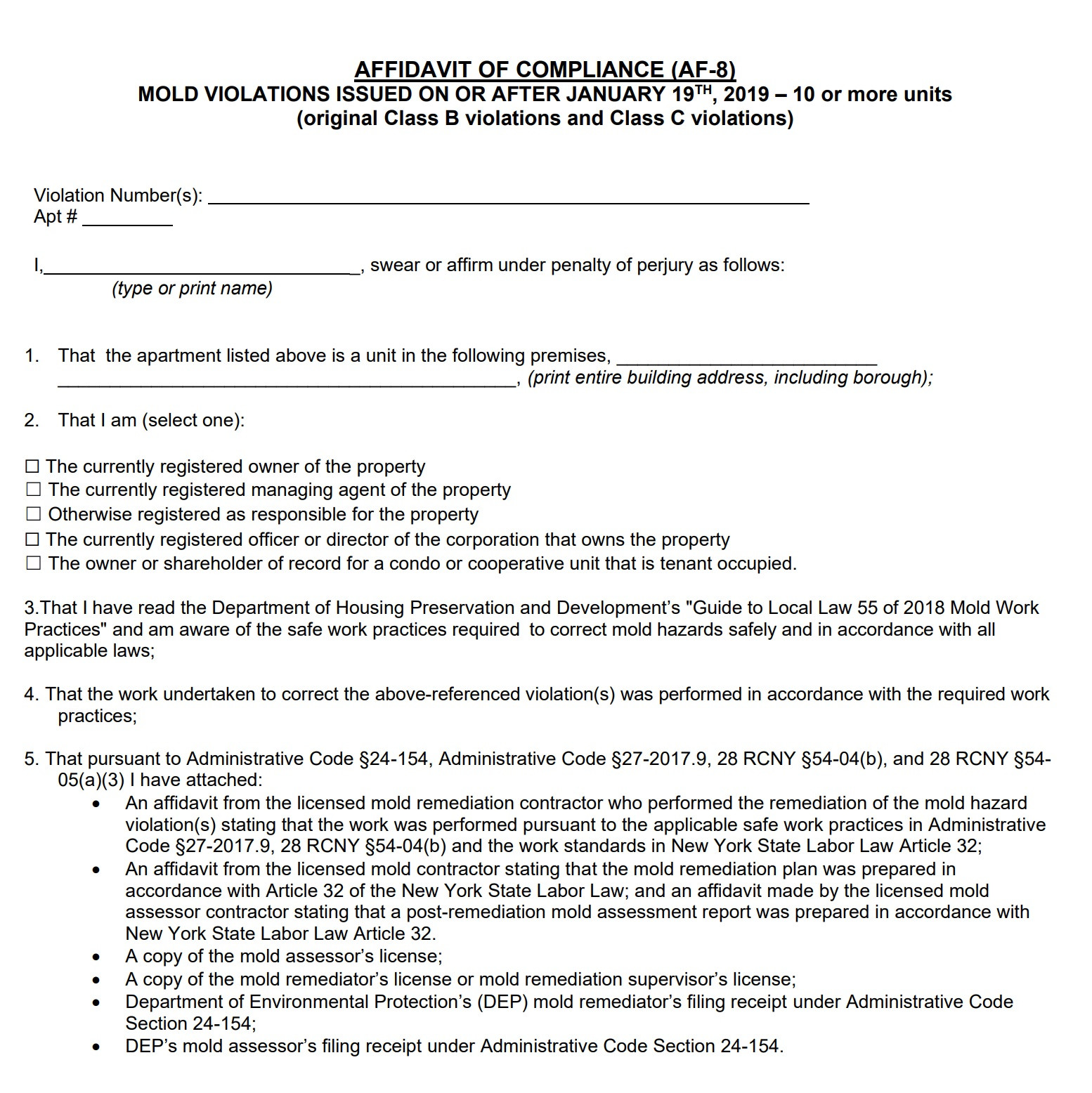 AFFIDAVIT OF COMPLIANCE (AF-8) HPD