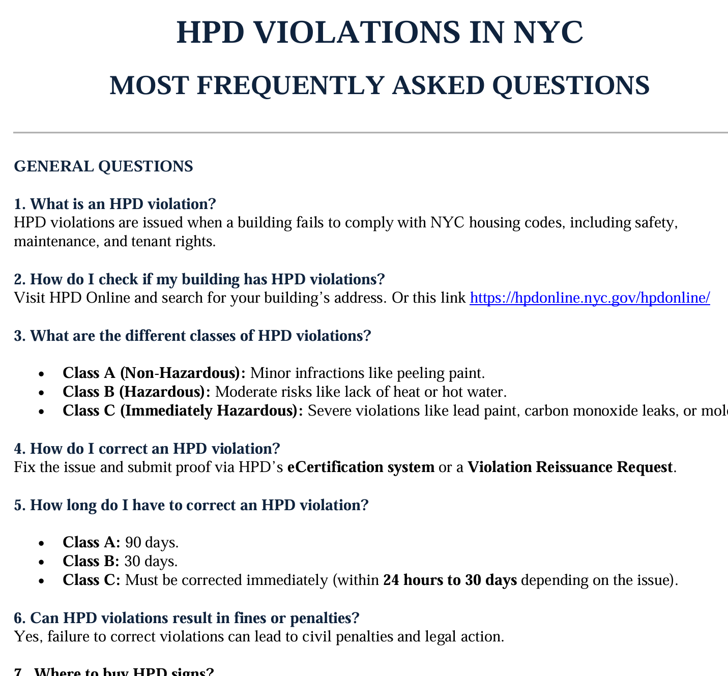 HPD VIOLATIONS MOST FREQUENTLY ASKED QUESTIONS