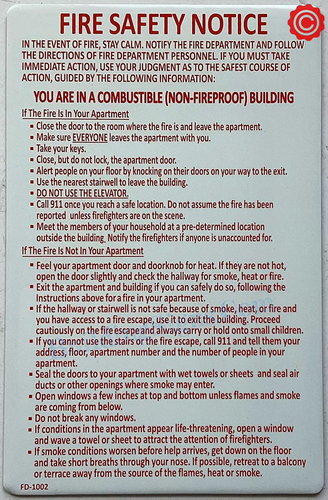 Pack of 8 -Sticker HPD NYC Door FIRE Safety Notice FIRE Proof Building ...