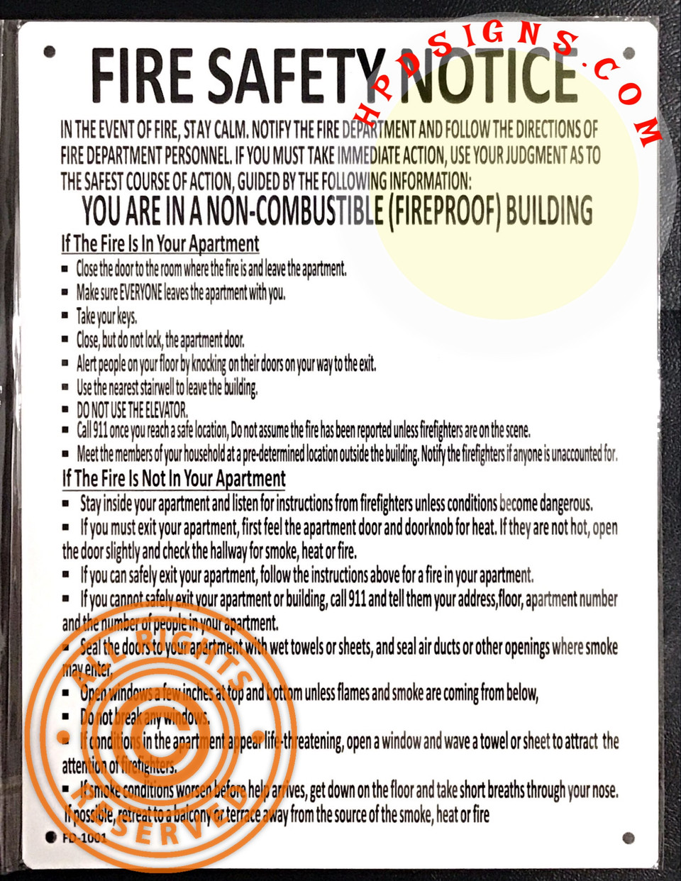 FIRE SAFETY NOTICE FIRE HPD FIRE PROOF BUILDING