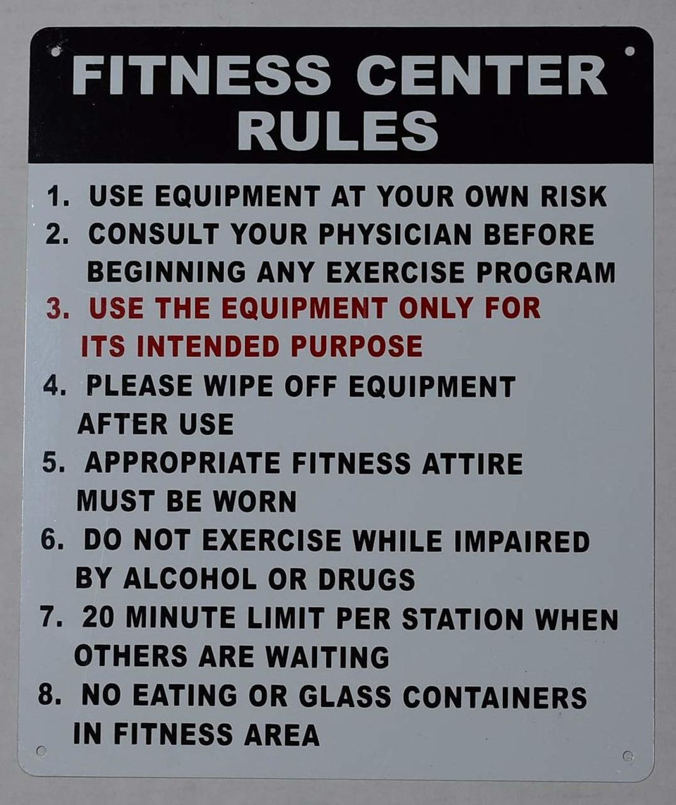 Fitness Center Rules Sign-Horizontal (White,Aluminium )