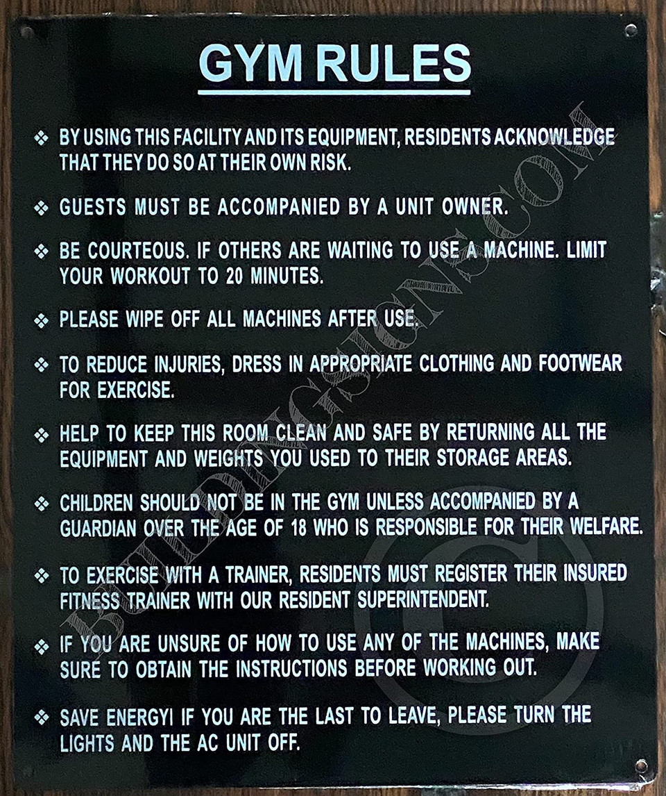 Gym Rules Sign (Black, Rust Free Aluminum 10X12) - HPDSIGNS.NYC