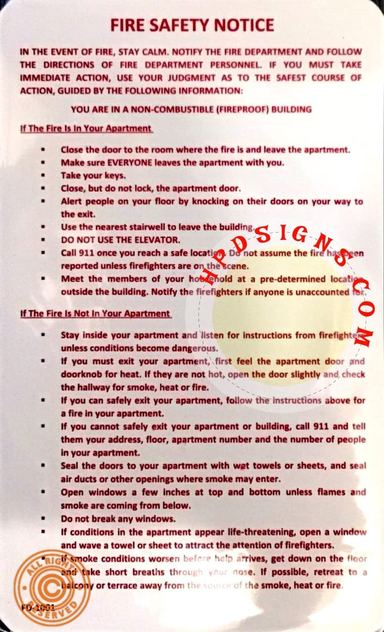 FIRE SAFETY NOTICE FIRE HPD FIRE PROOF BUILDING