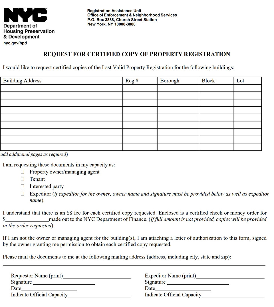 HPD PROPERTY REGITRATION BY MAIL FORM