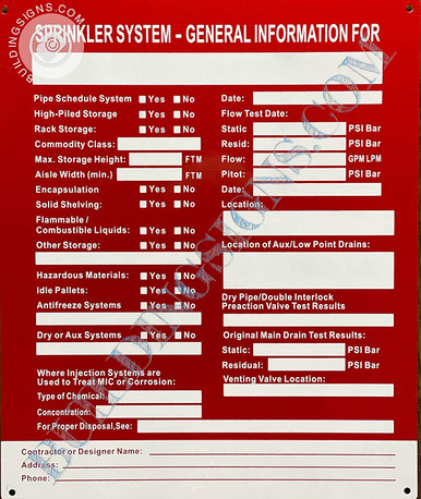 Sprinkler System General Information Sign