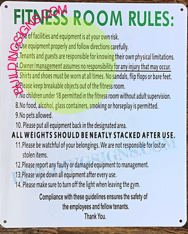 Fitness Room Rules Sign (White,Aluminium,10X12) - HPDSIGNS.NYC