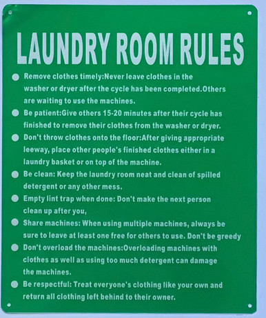 LAUNDRY ROOM RULES SIGN (10X12,Green,Aluminum) - HPDSIGNS.NYC