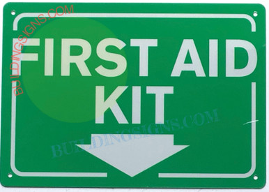 FIRST AID KIT ARROW DOWN SIGN (7X10,GREEN,Aluminum) - HPDSIGNS.NYC