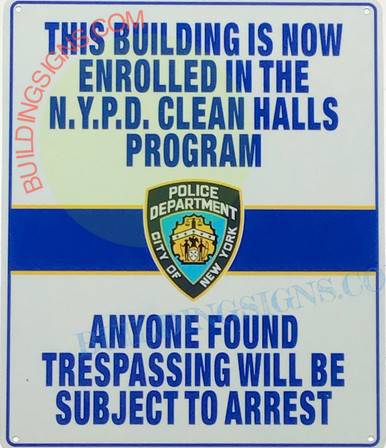 NYPD CLEAN HALLWAYS SIGNS (10x12,White,Aluminum) - HPDSIGNS.NYC