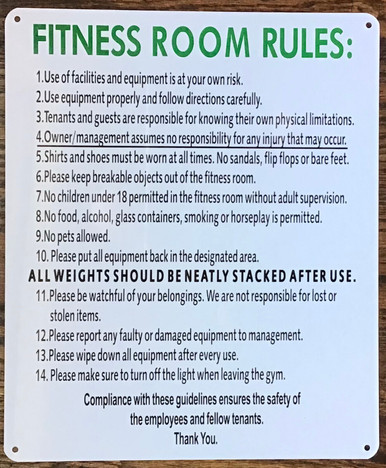 FITNESS ROOM RULES SIGN (10X12,WHITE,ALUMINUM) - HPDSIGNS.NYC