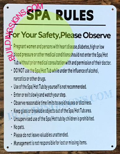 SPA RULES SIGN WHITE BACKGROUND (8.5X11,ALUMINUM) - HPDSIGNS.NYC