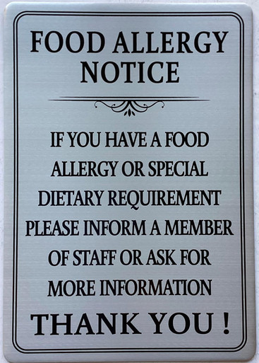 FOOD ALLERGY NOTICE SIGN (SILVER,ALUMINIUM, DOUBLE SIDED TAPE, SIZE ...