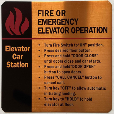FIRE OR EMERGENCY ELEVATOR OPERATION SIGN (GOLD, SIZE 6X6 INCH, DOUBLE ...