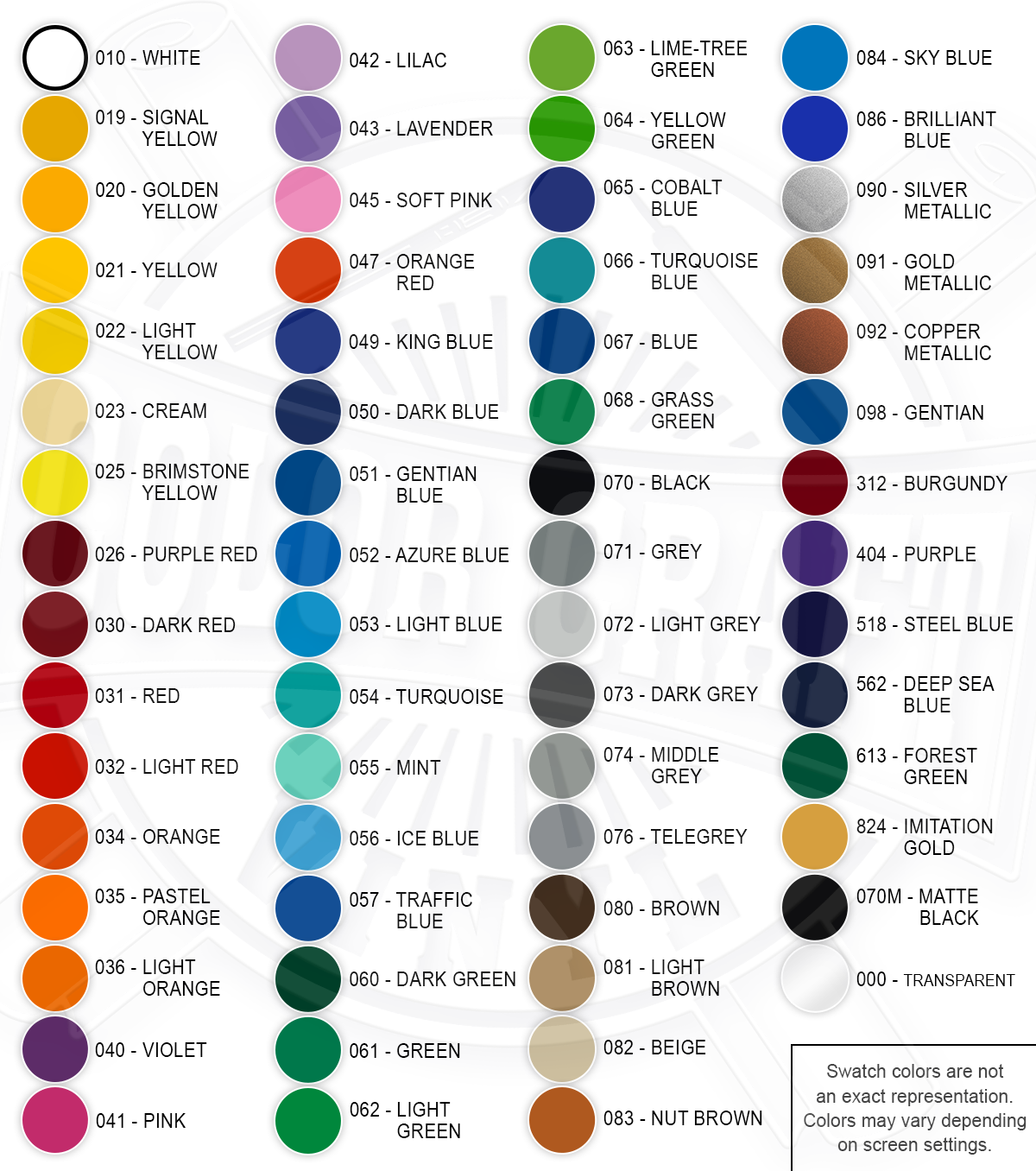 Oracal 651 Intermediate Calendered Film Color Chart