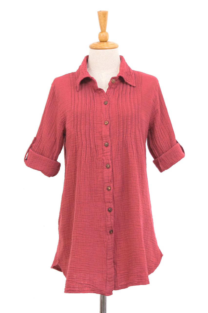 Rusty Rose Button-Up Cotton Gauze Shirt from Thailand 'Spice Pintucks ...