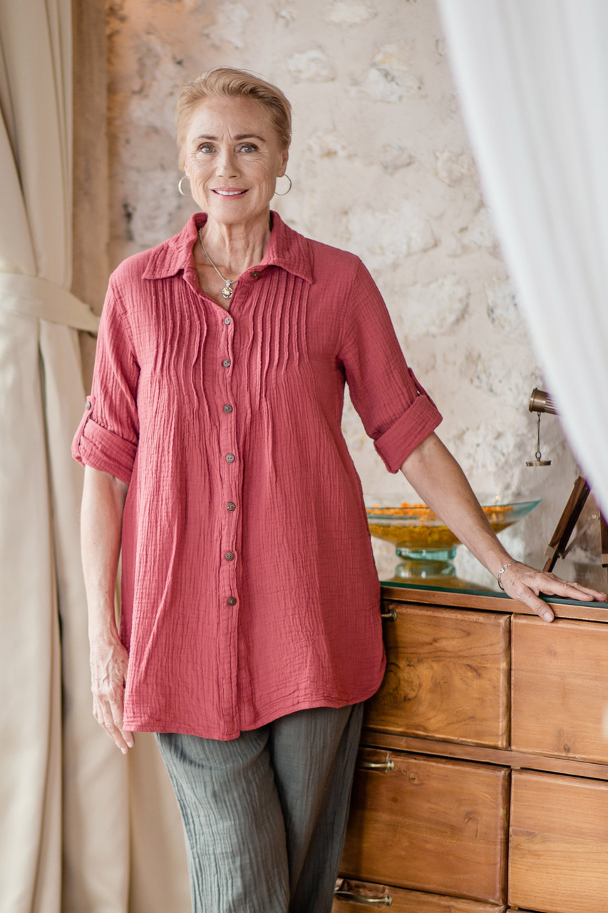 Rusty Rose Button-Up Cotton Gauze Shirt from Thailand 'Spice Pintucks ...