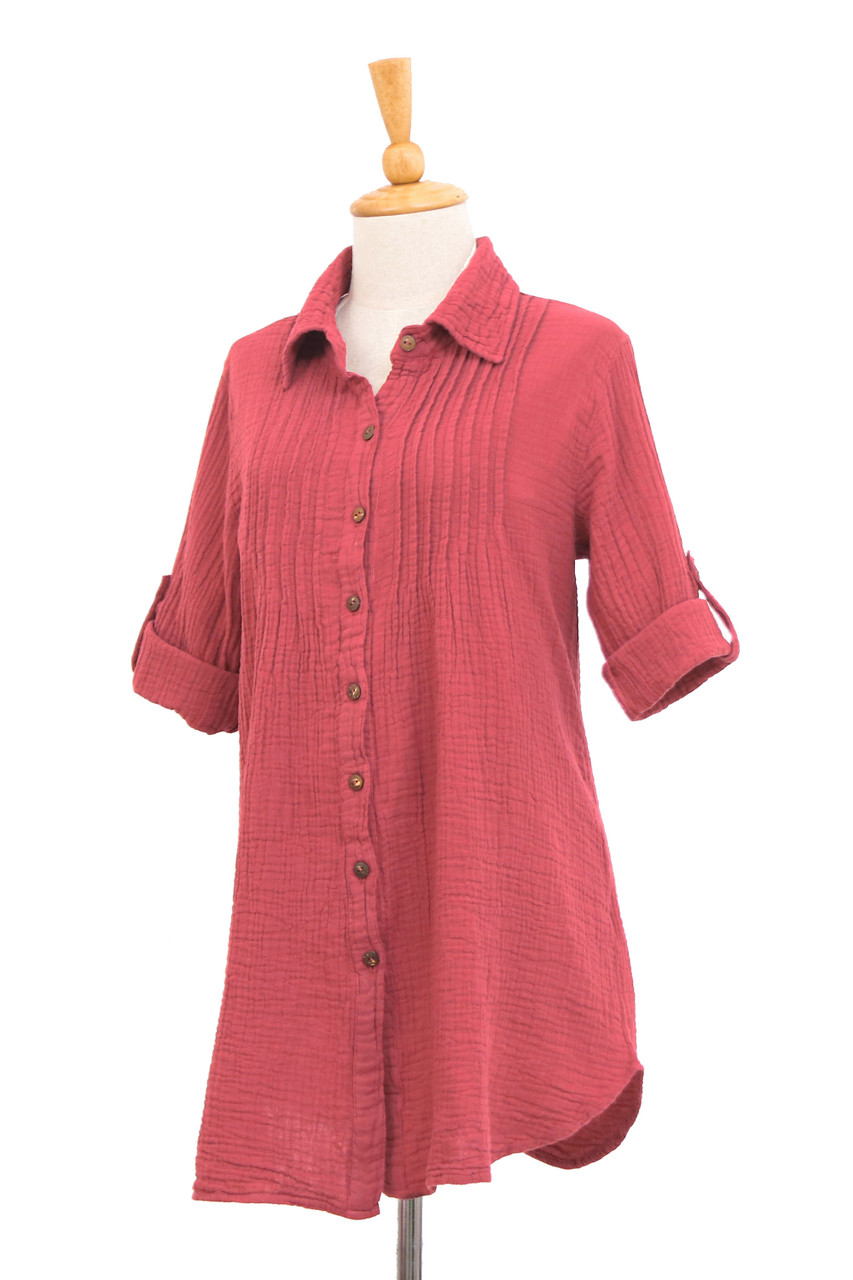 Rusty Rose Button-Up Cotton Gauze Shirt from Thailand 'Spice Pintucks ...