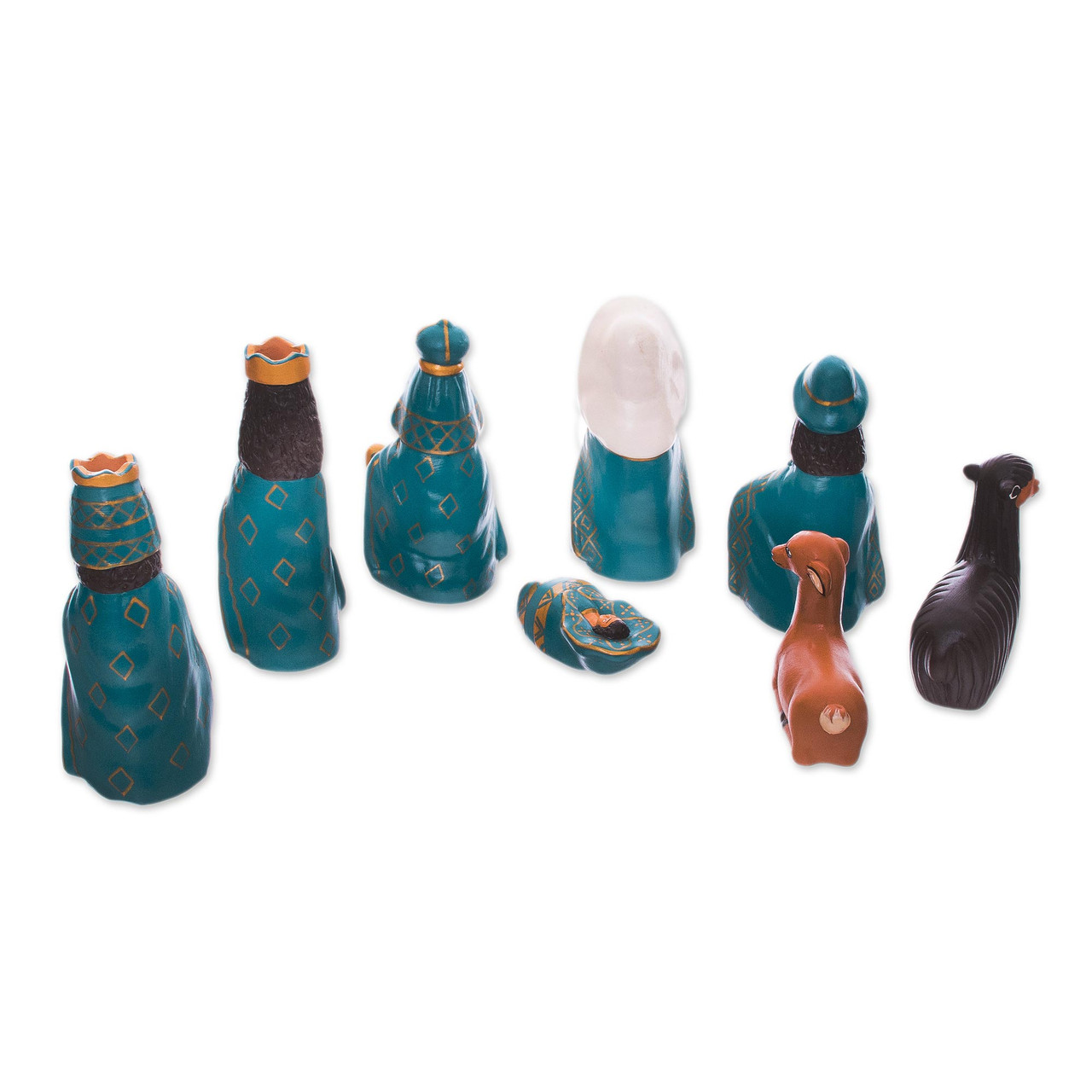Handcrafted Ceramic Nativity Scene in Blue Set of 8 'Arrival of Jesus ...