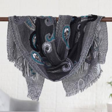 Hand-Embroidered Wool Shawl with Turquoise Details 'Caribbean Paisley ...