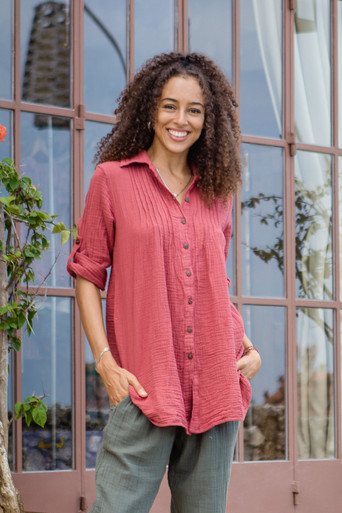 Rusty Rose Button-Up Cotton Gauze Shirt from Thailand 'Spice Pintucks ...