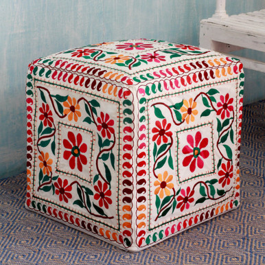 Multicolored Embroidery Square Ottoman Cover 'Barmer Blooms ...