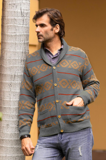 Gray Men's 100 Alpaca Cardigan from Peru 'Chakana Traveler ...