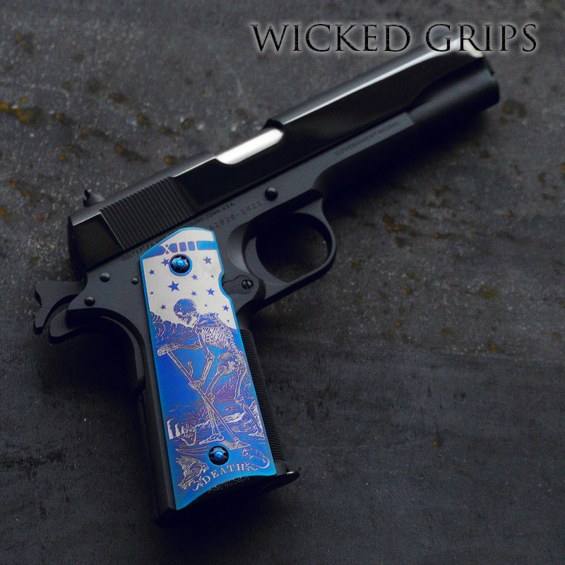 CUSTOM 1911 GRIPS BLUE PVD DEATH TAROT