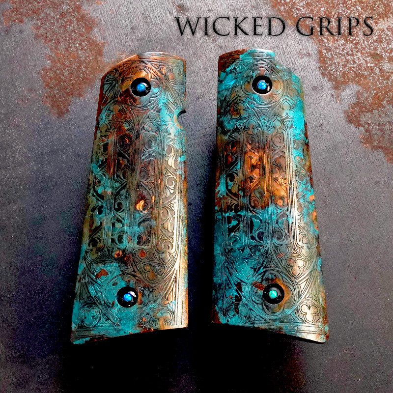 COPPER 1911 PISTOL GRIPS SHIPWRECK PATINA GOTHIC SCROLL