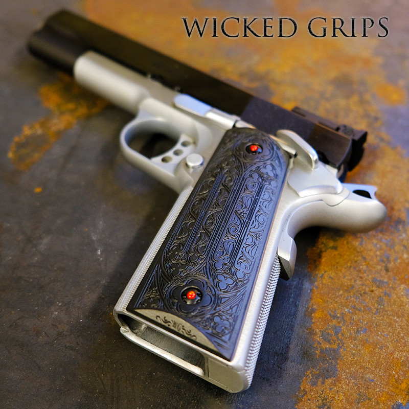 CUSTOM 1911 PISTOL GRIPS DEEP ENGRAVED BLACK PVD GOTHIC SCROLL