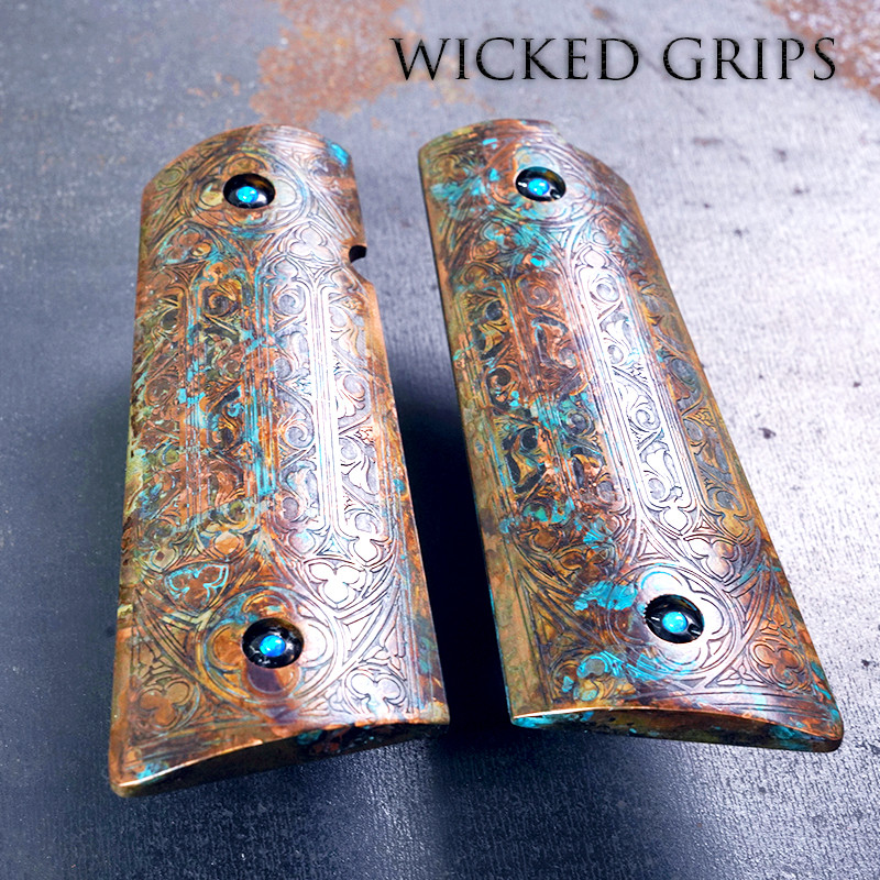 COPPER 1911 PISTOL GRIPS SHIPWRECK PATINA GOTHIC SCROLL