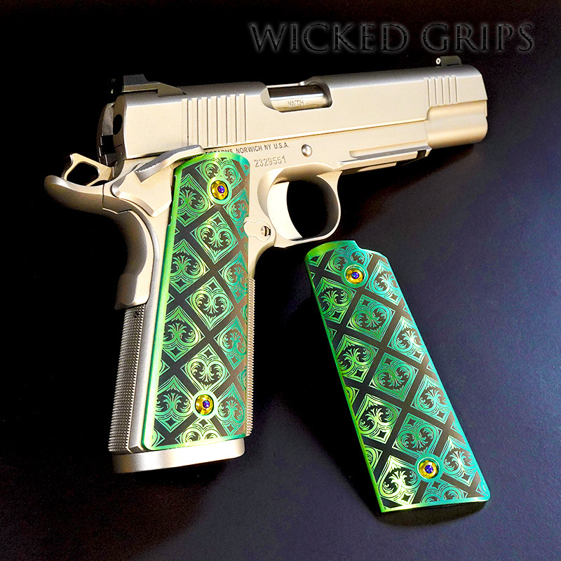 1911 PISTOL GRIPS POLISHED TITANIUM ELECTRIC GREEN TESSERAE