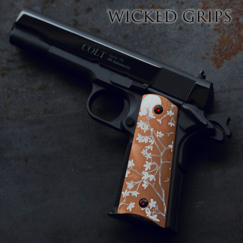 CUSTOM 1911 GRIPS ROSE GOLD PVD CHERRY BLOSSOM