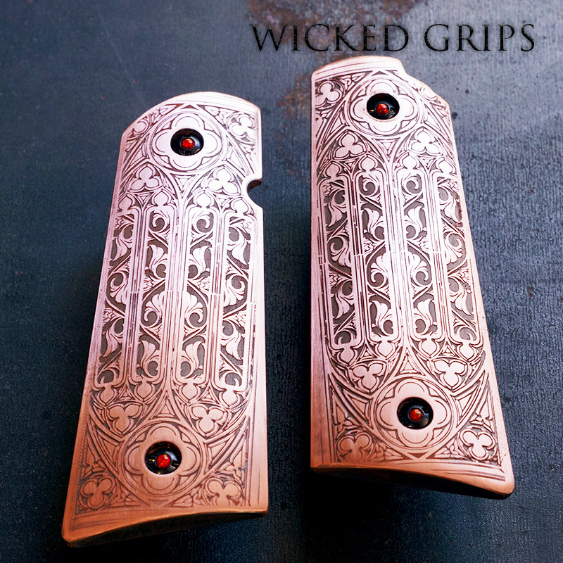 COPPER 1911 PISTOL GRIPS DEEP ENGRAVED GOTHIC SCROLL
