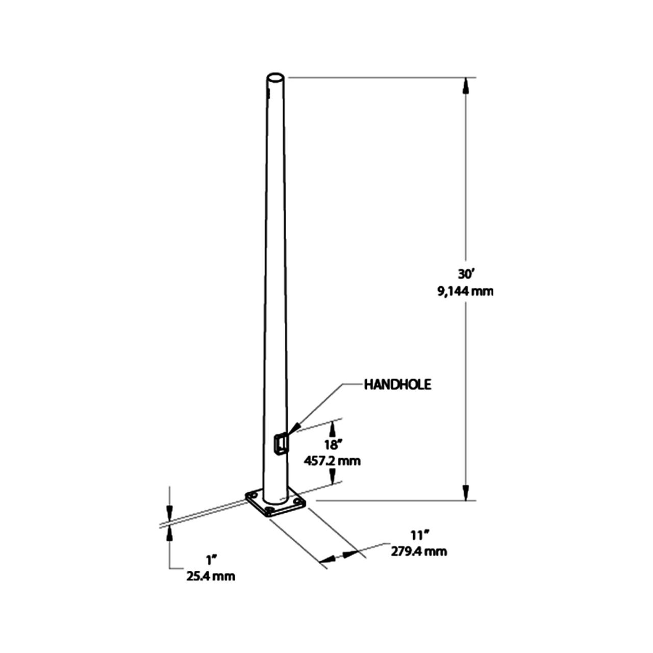 30FT Tapered Round Drilled Top Pole - 8" Shaft - 11" Bolt Circle - RAB ...