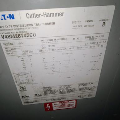Eaton / Cutler Hammer Dry Type 45 KVA Transformer Primary 480 Delta x ...
