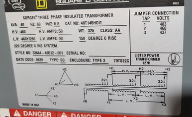 Square D 40kVA Transformer Primary 460D x Secondary 460Y/266 40T145HDIT