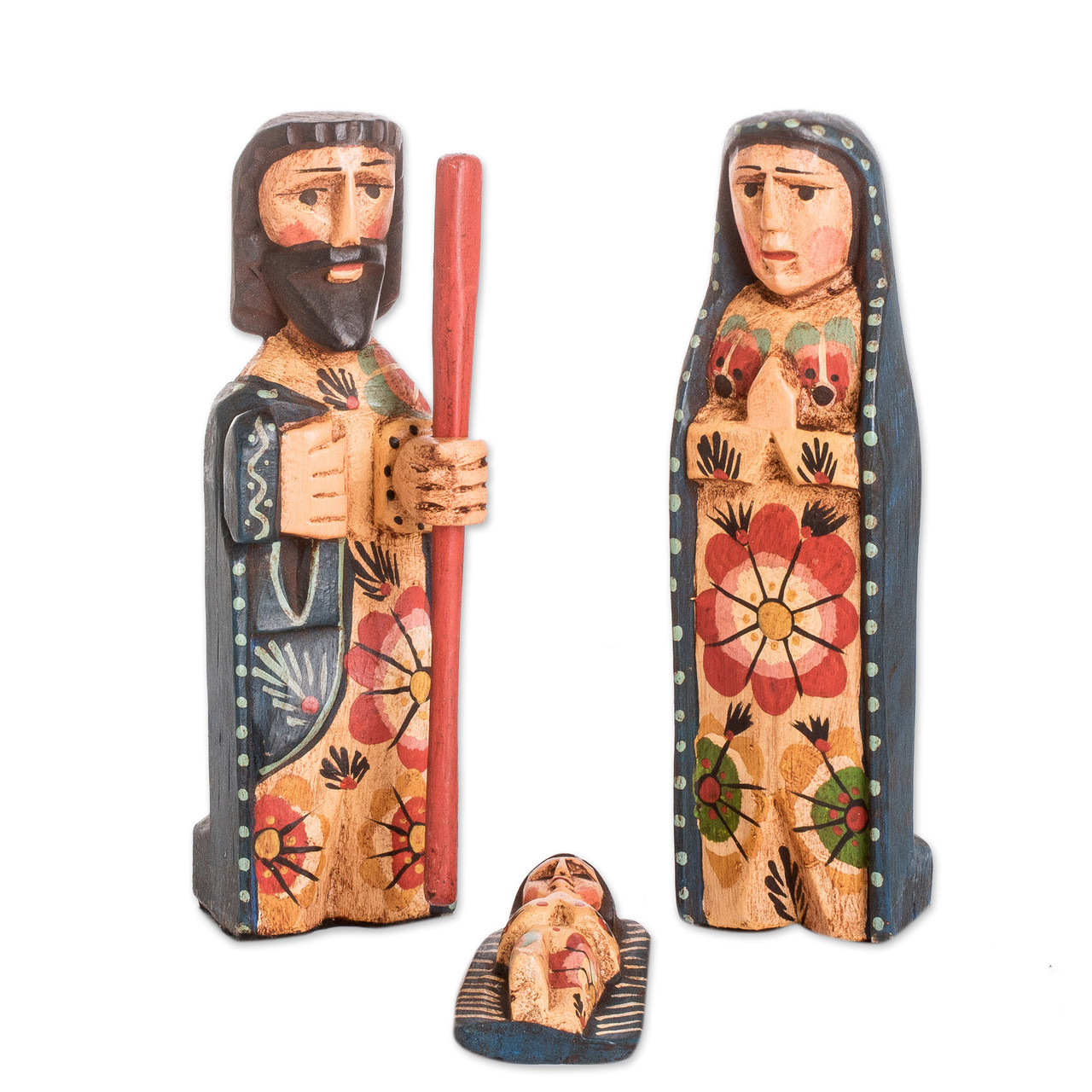 Set of 3 Handcrafted Pinewood Statuettes with Floral Details 'A Holy ...