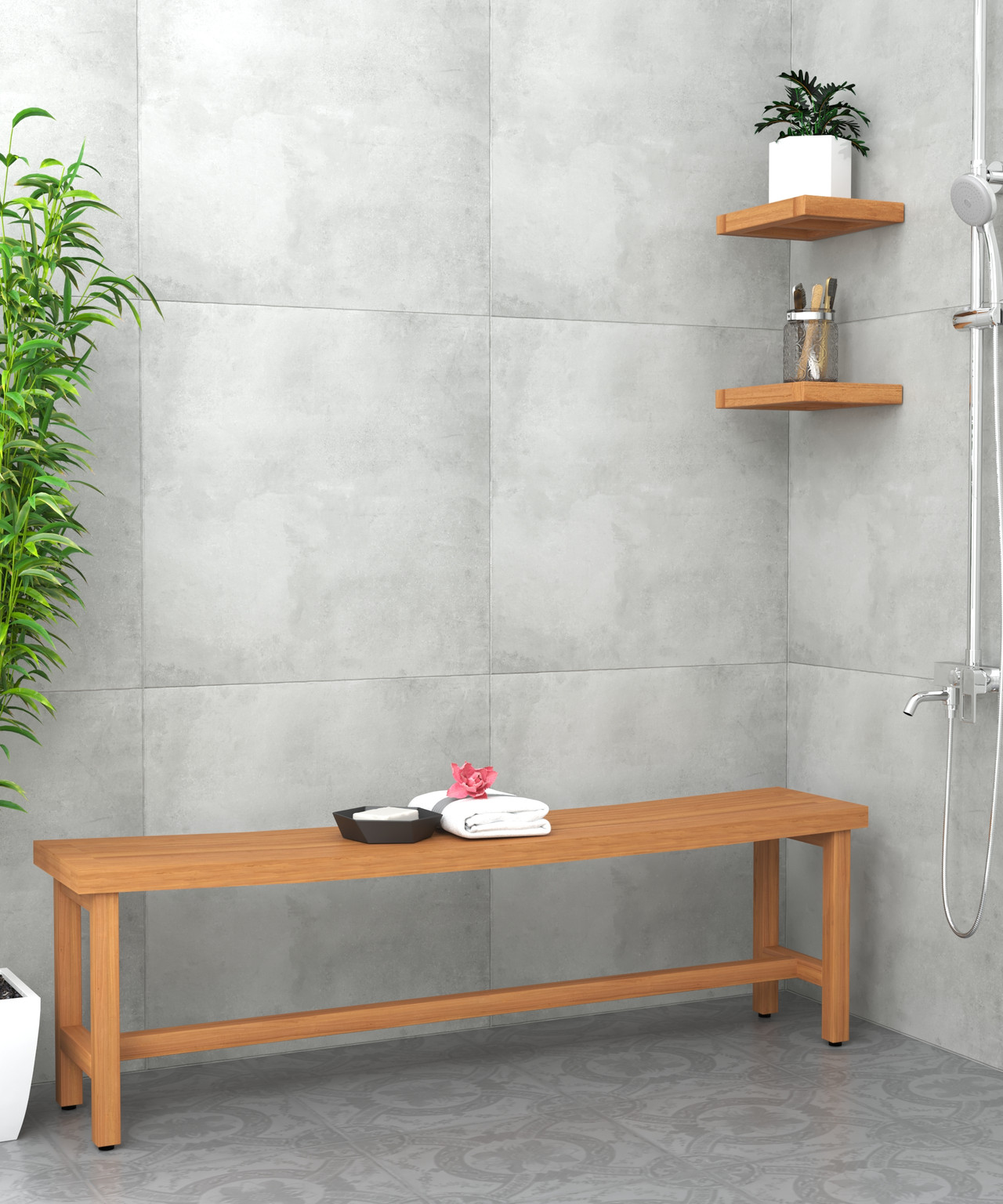 60" Spa™ Manor Teak Shower Bench with Shelf: Teak Shower Benches