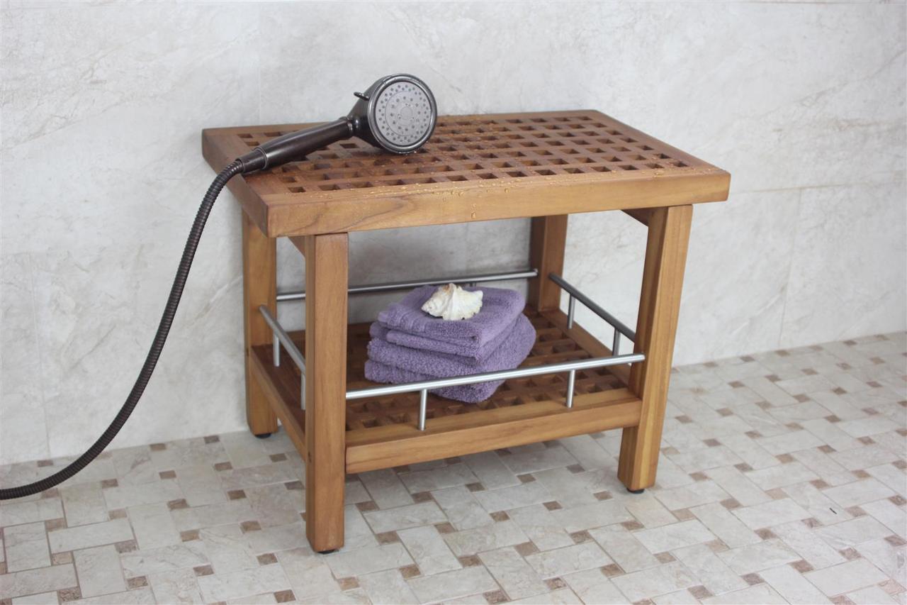 24" Wide Grate™ Teak & Stainless Side Table with Shelf