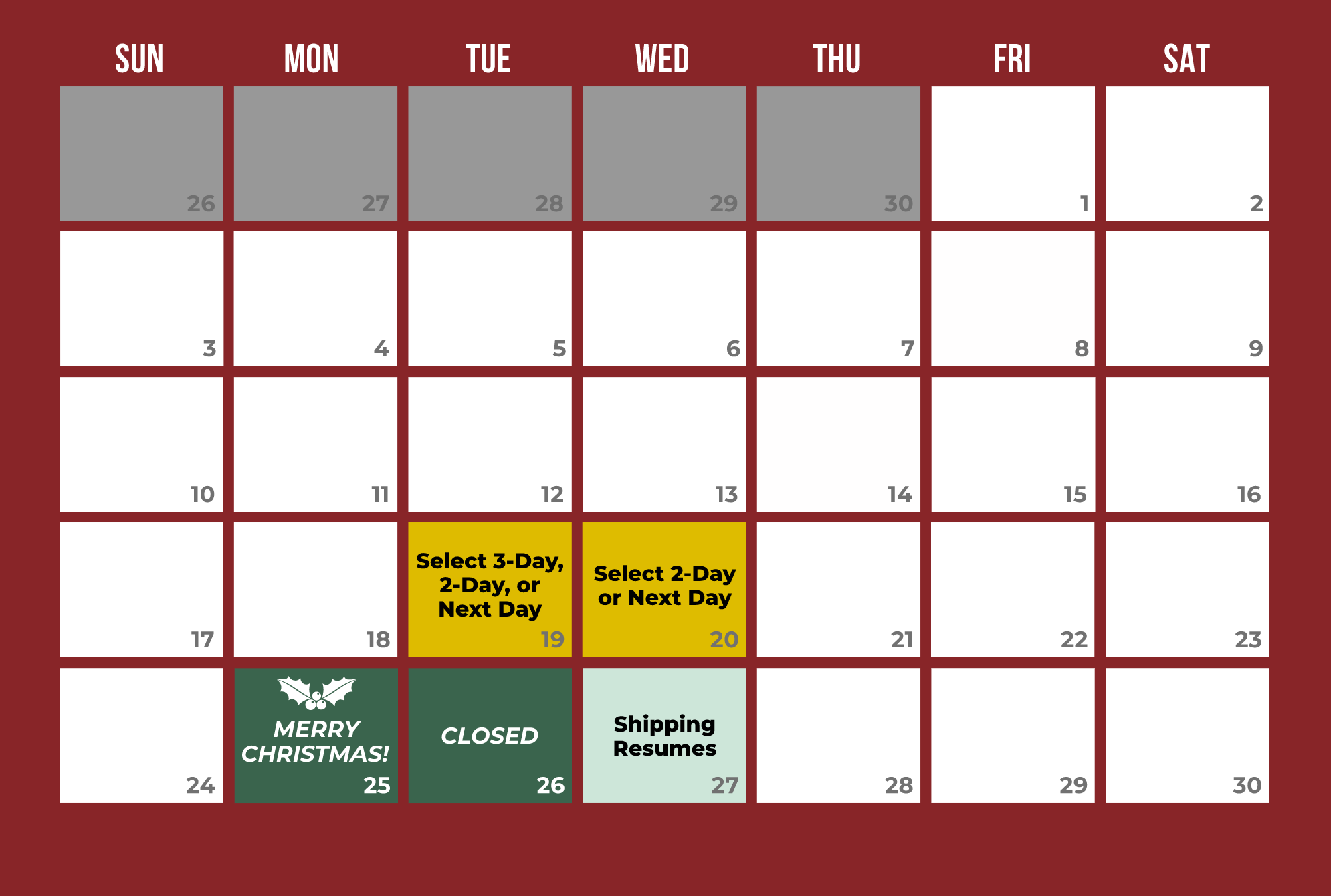 Holiday Shipping Calendar